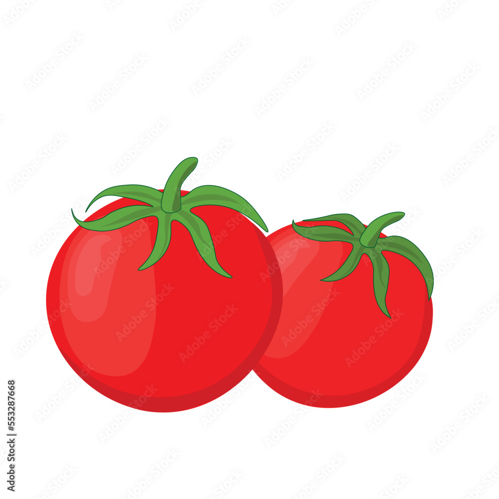 Vector illustration: two red tomato. Tomato with leaves icon. Red color ...