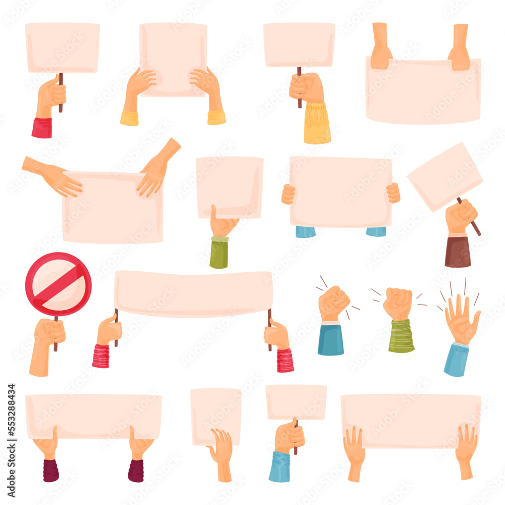 Hands Holding Blank Placards and Empty Protest Poster Big Vector Set ...