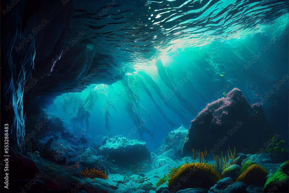 Underwater world scene. Coral reef and sun ray shining through clean ...