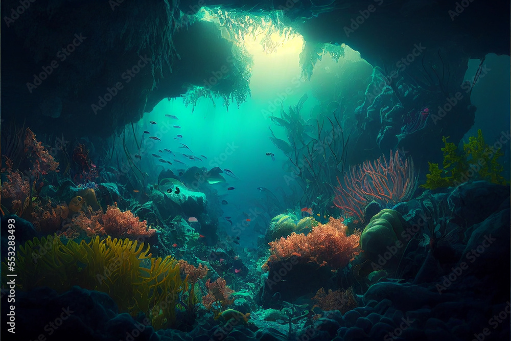 Underwater world scene. Coral reef and sun ray shining through clean ...