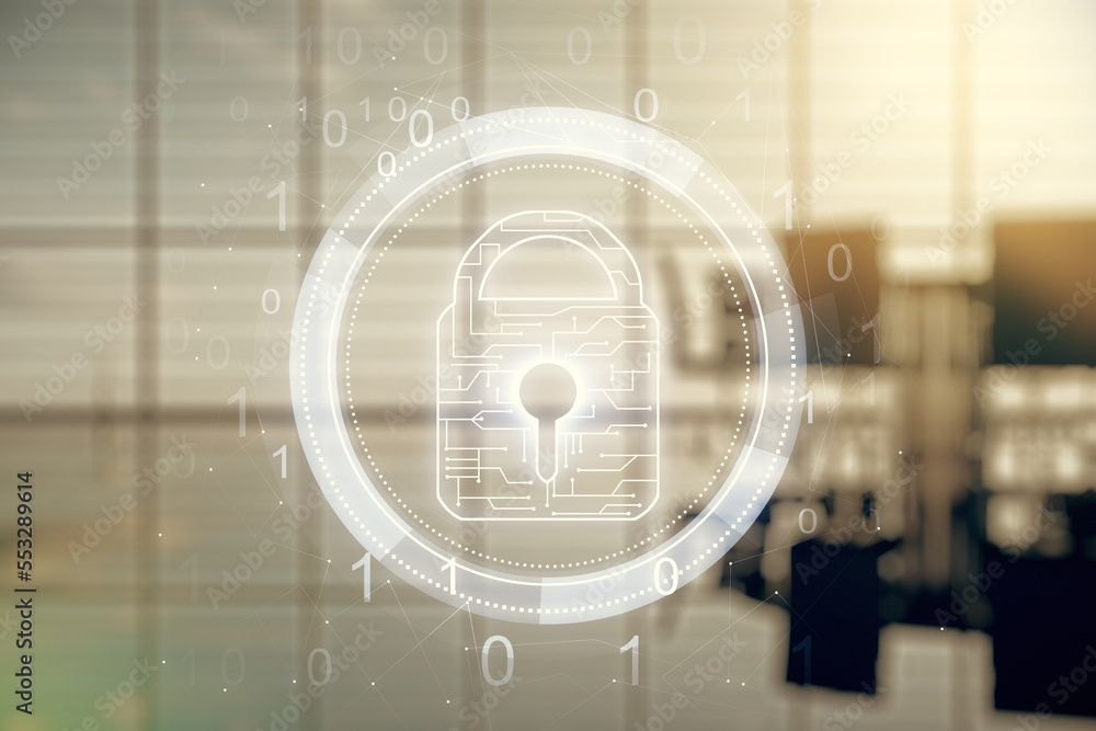 Virtual creative lock symbol and microcircuit illustration on a modern ...