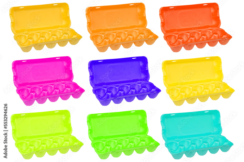open empty plastic egg boxes on a white background. Different color ...