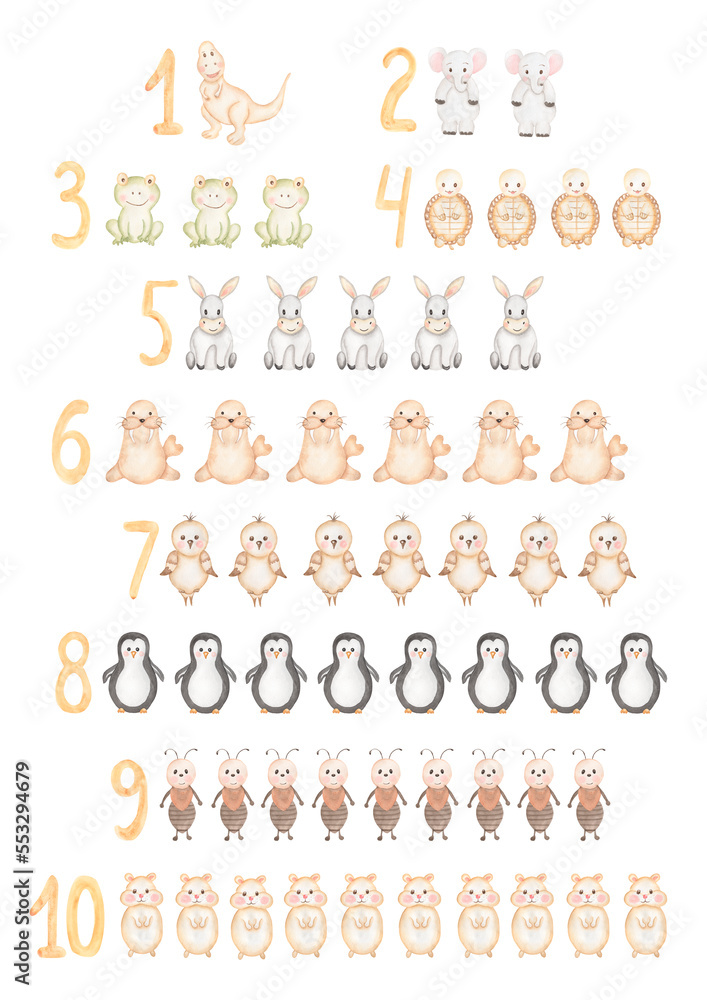 Watercolor childish poster with cute animals and numbers. Baby ...