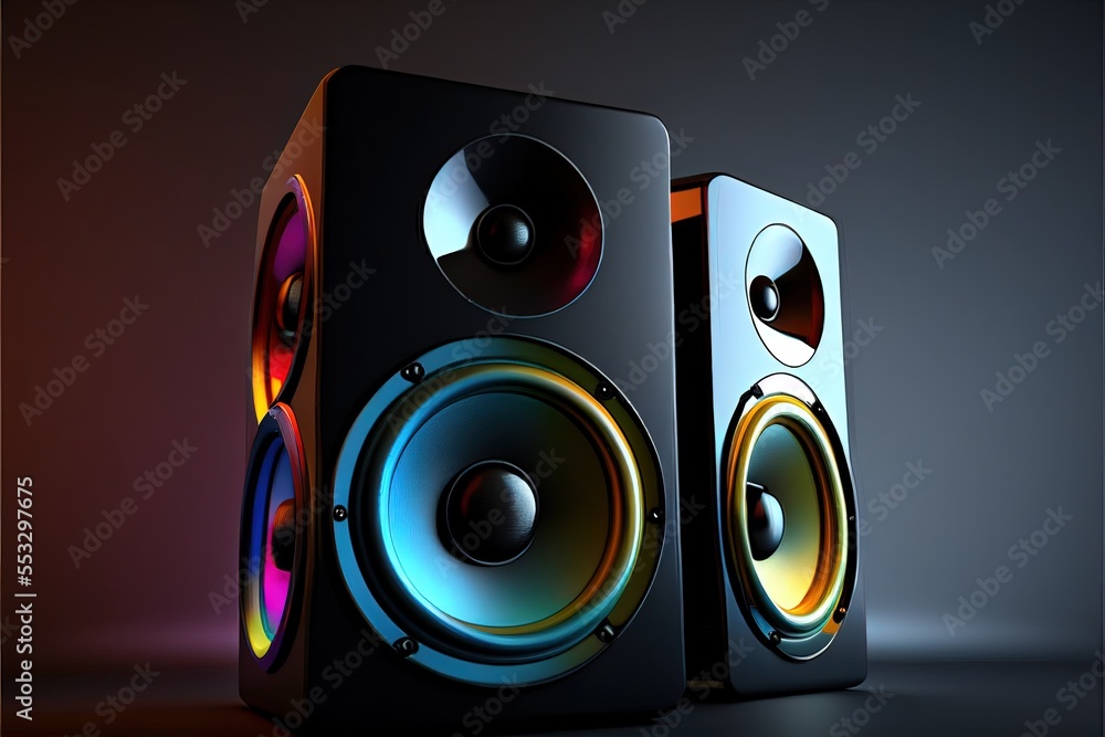 Two neon colored stereo speakers on dark background with reflection ...