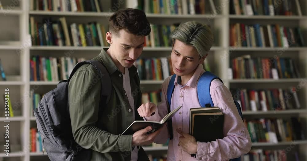 Vidéo Stock Two students talking standing in university library. Teen ...