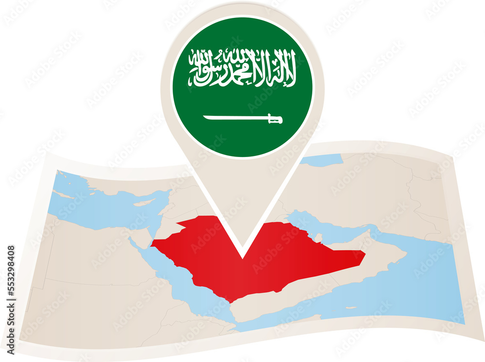 Folded paper map of Saudi Arabia with flag pin of Saudi Arabia. Stock ...