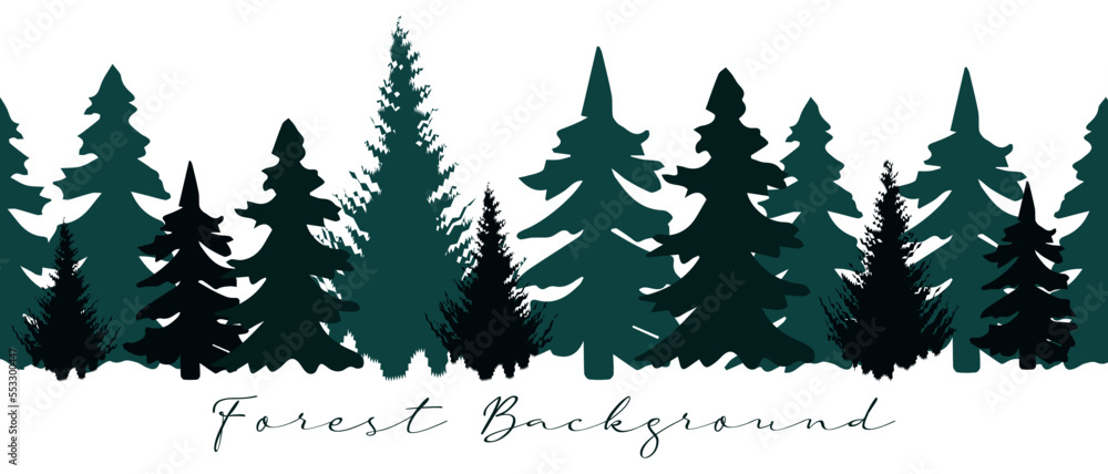 Forest landscape with firs. Forest background, seamless border, vector ...
