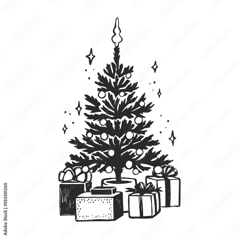 Vector hand-drawn illustration of a Christmas tree with festive ...