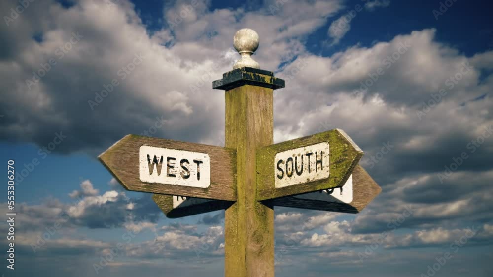 Signpost North South East West Cloudy Sky Background. Wooden signpost ...