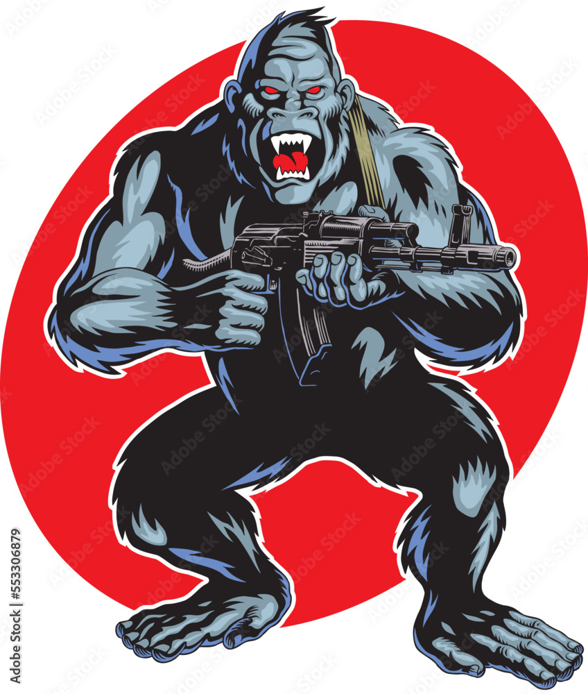 Gorilla with a gun. Ape or monkey holding AK 47 assault rifle. Mascot ...