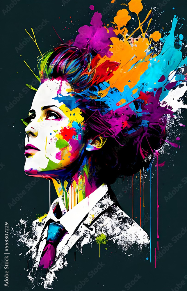 Dynamic image of a woman with rainbow paint exploding from her head ...