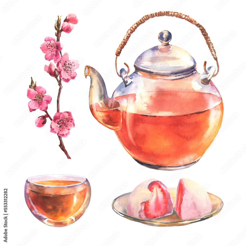 Watercolor asian tea set with transporant teapot, cup of tea, Japan ...