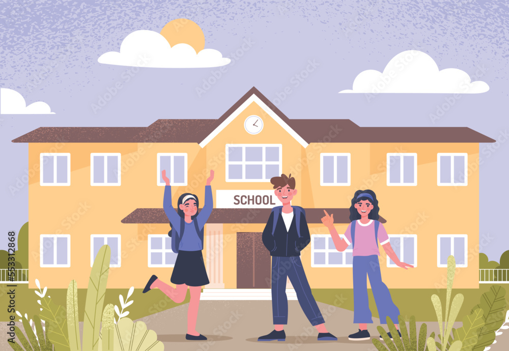 Happy children near school. Boy and girls celebrate end of lessons ...