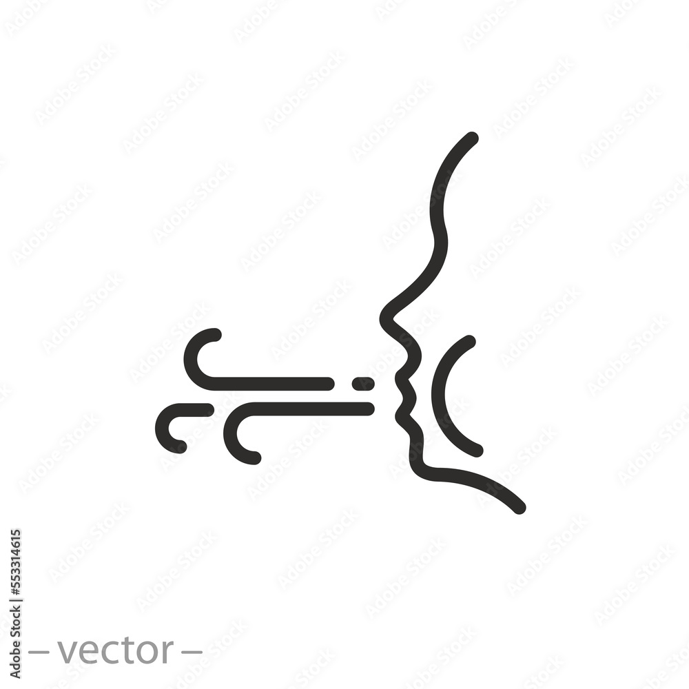 man blowing icon, inflate or smoking, thin line symbol on white ...