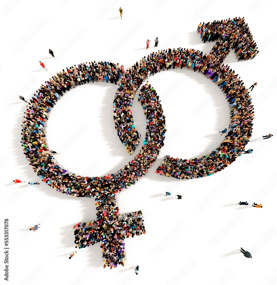 Crowd of people gathered together in the shape of genders symbol, top ...