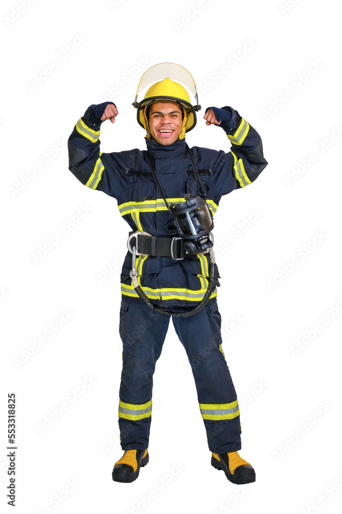 Full body African American fireman in fireproof uniform and helmet ...