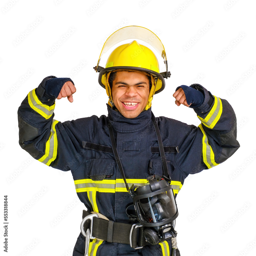 Young smiling African American fireman in fireproof uniform and helmet ...