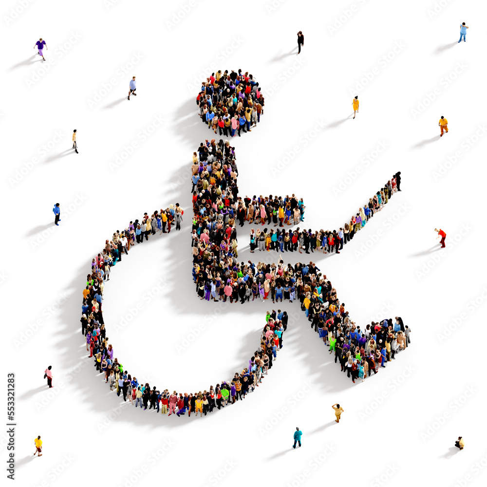 Crowd of people gathered together in the shape of of disabled person ...