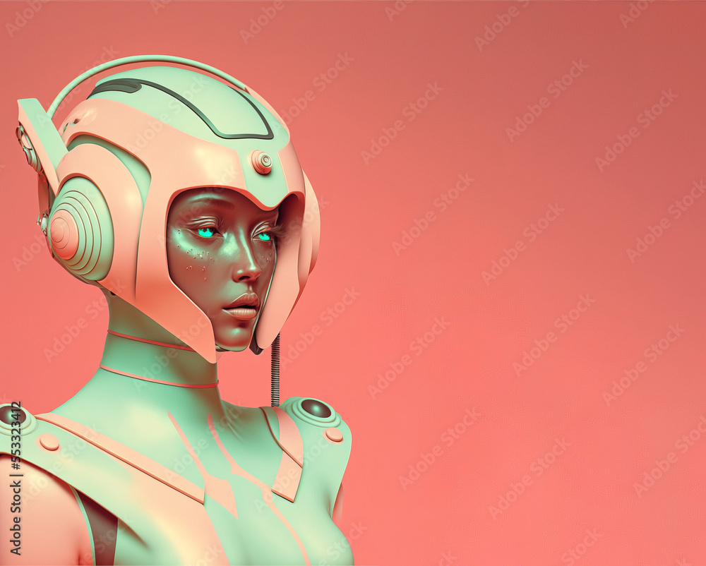 Neon cyber portrait of a female cyborg robot, electric flashing colors ...