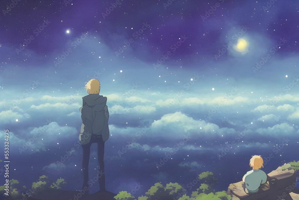 Two figures stare out at a beautiful starry night sky. Atmospheric ...