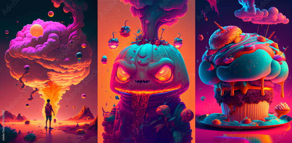 Colorful neon lights illustration of a fantasy characters, fantastic ...
