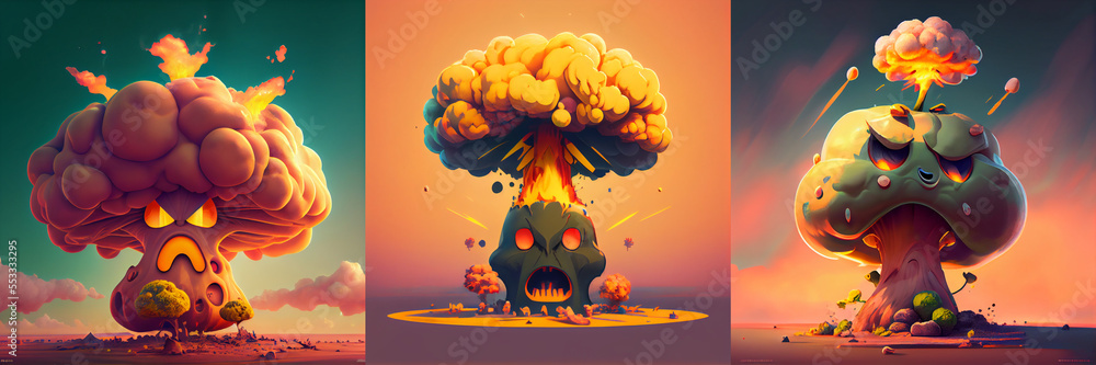Cartoon nuclear explosion character design, fire and flames, funny guys ...