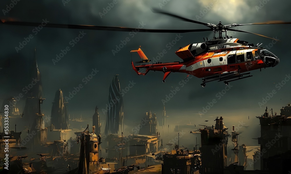 helicopter sci-fi fantasy illustration conceptual dystopian style scene ...