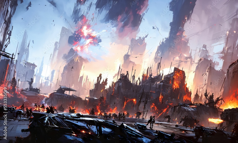 Burning city sci-fi fantasy illustration conceptual dystopian style ...