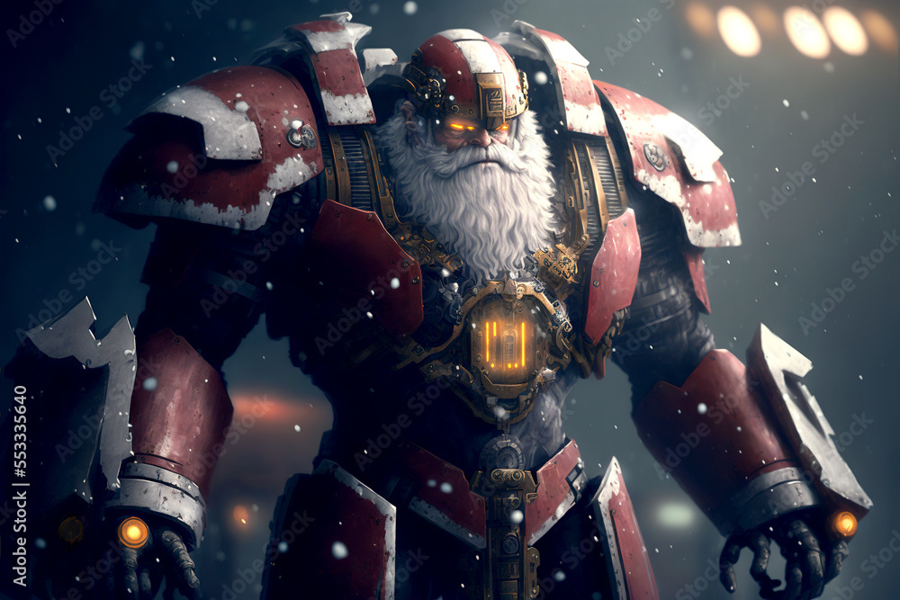 Santa Claus as a realistic and intense futuristic battle mech ...