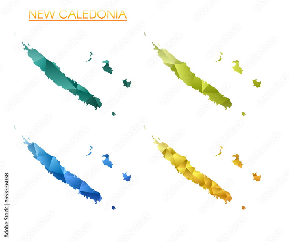 Set of vector polygonal maps of New Caledonia. Bright gradient map of ...