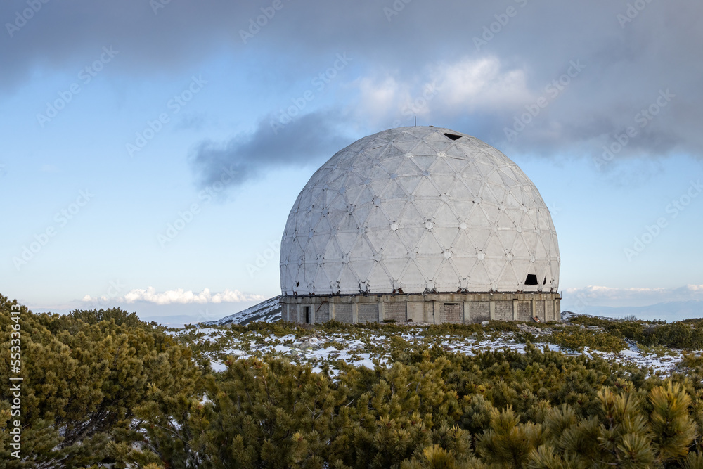 Abandoned dome of an old Soviet military radar from the Cold War. A ...