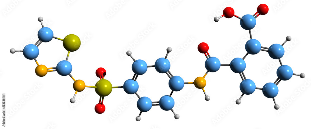 3D image of Phthalylsulfathiazole skeletal formula - molecular chemical ...