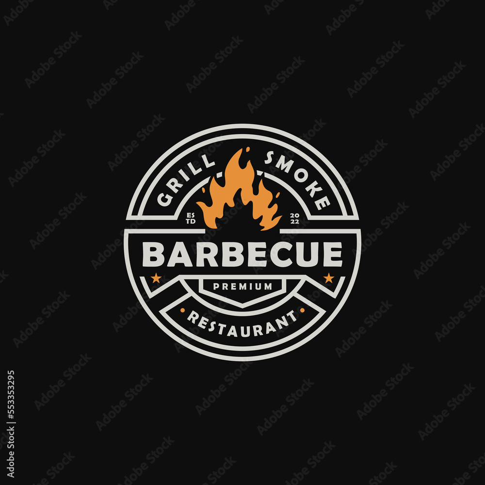 barbecue restaurant emblem badge logo design with grill fire flame ...