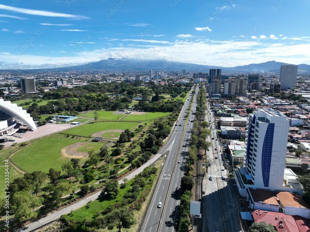 Aerial view of La Sabana Park and Costa Rica National Stadium with San ...