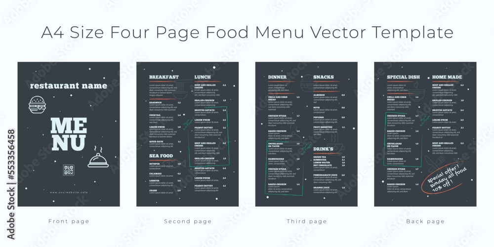 Restaurant cafe menu, template design, A4 size, Four page food menu ...