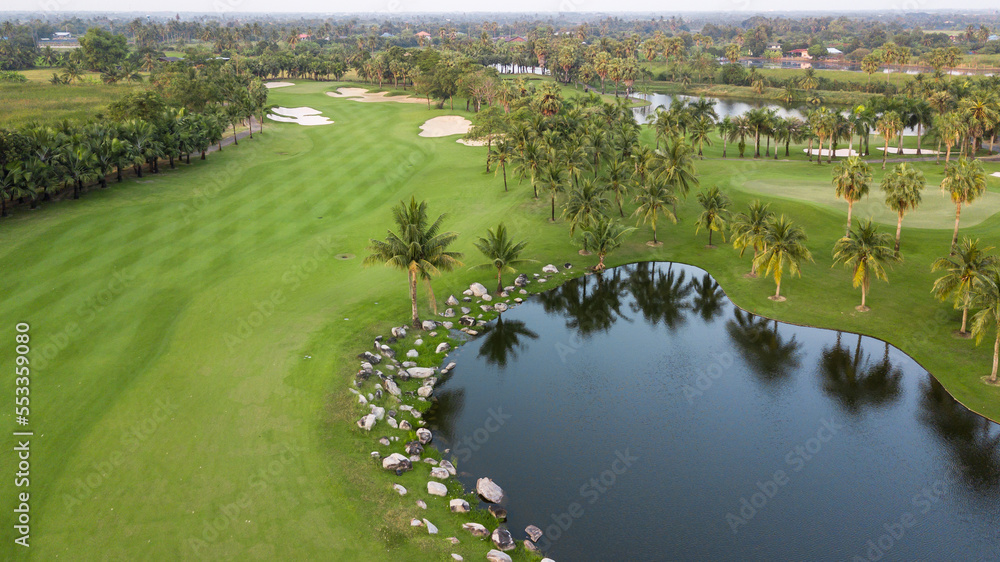 Poster Aerial view of green golf course and putting green, Aerial view ...