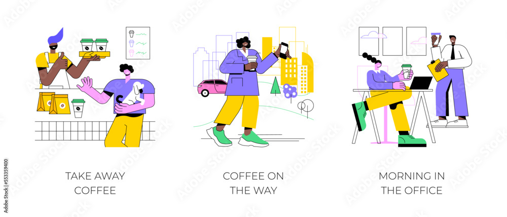 Morning coffee isolated cartoon vector illustrations set. Barista gives ...