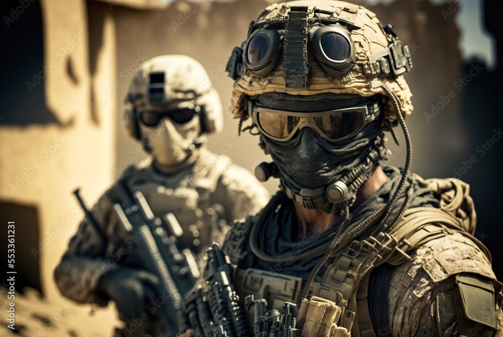 Realistic digital illustration of elite special forces soldier equipped ...
