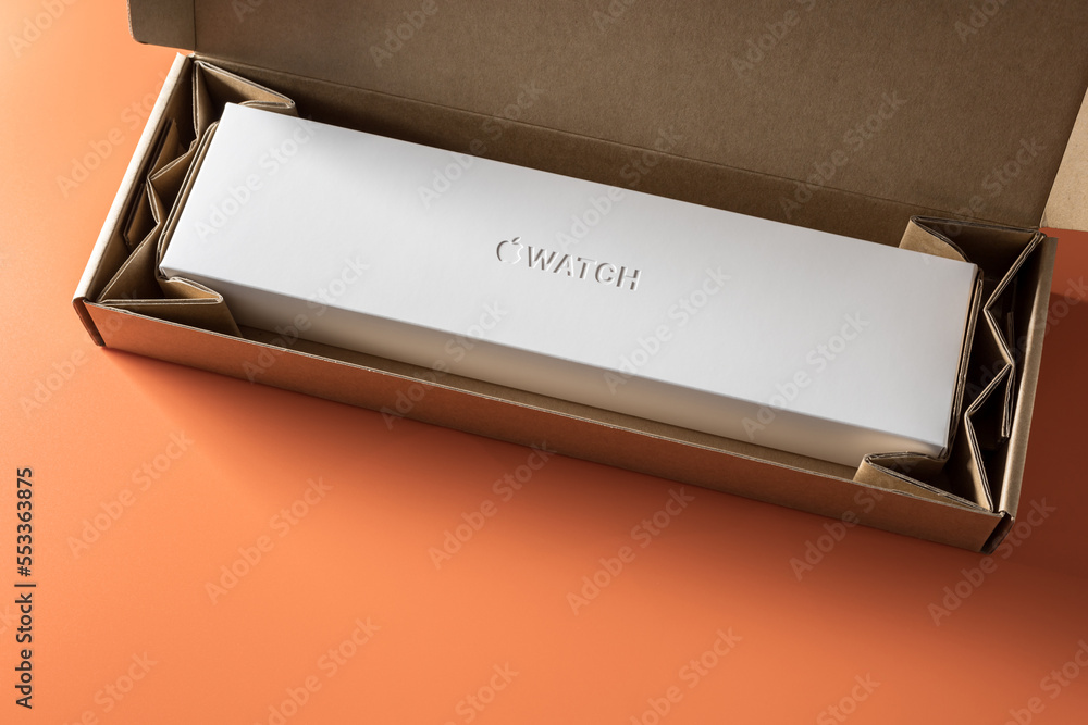 Apple Watch Series 8 package, white cardboard box with embossed logo in ...