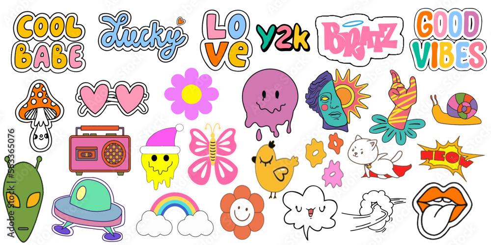 Trendy Y2K stickers. Cute girly patches, butterfly and glamour heart ...