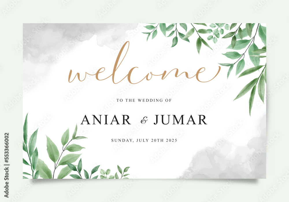 Welcome wedding sign card template with beautiful watercolor leaves ...