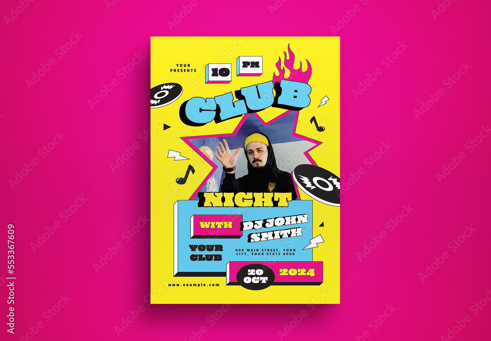Yellow Blue 90s Club Event Flyer Stock Template | Adobe Stock
