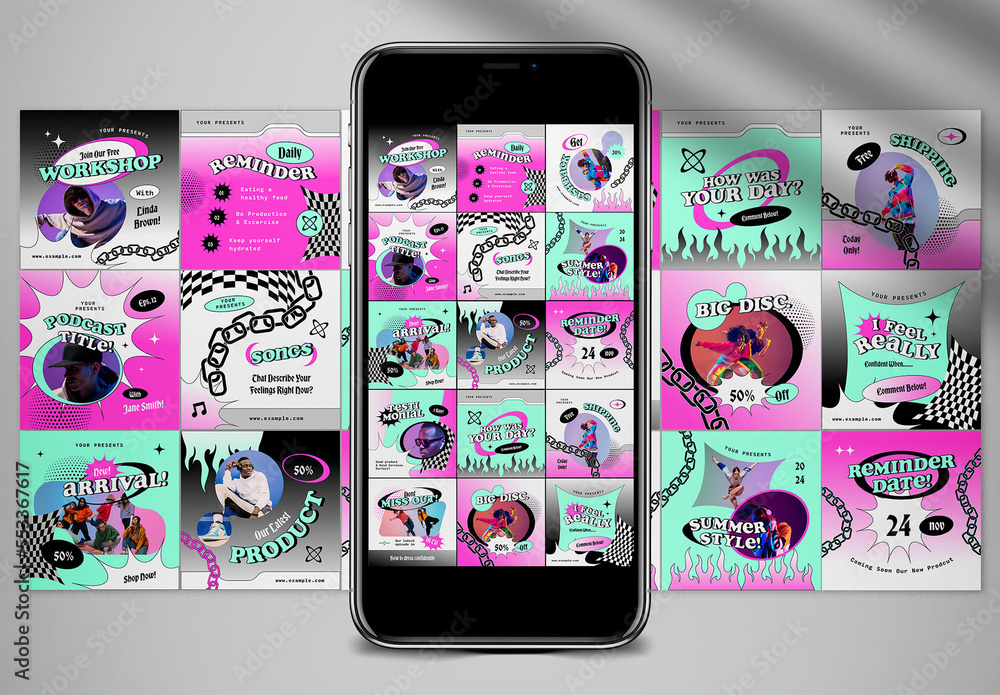 Cyan Pink Y2k Grunge Engagement Instagram Stock Template | Adobe Stock