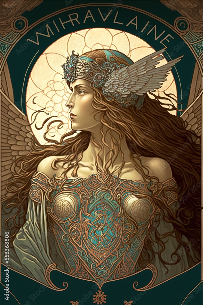 Illustration of Ai-gen of a golden Valkyrie in Alphonso Mucha drawing ...