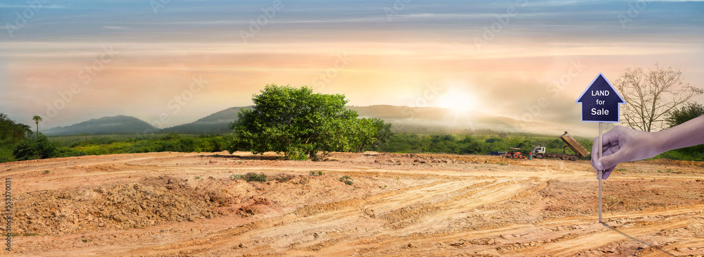 Poster House symbol and land for sale signboard and empty dry cracked ...