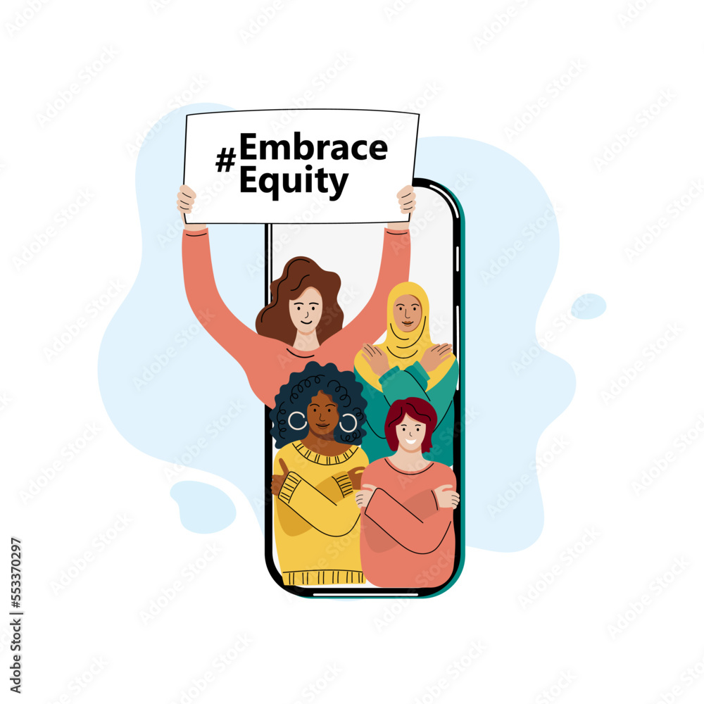 Women are hugging themselves on smartphone screen. Embrace Equity is ...