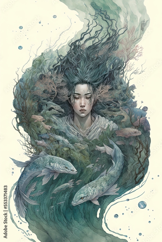 chinese legendary mythological creature merman, male jiao ren from shan ...