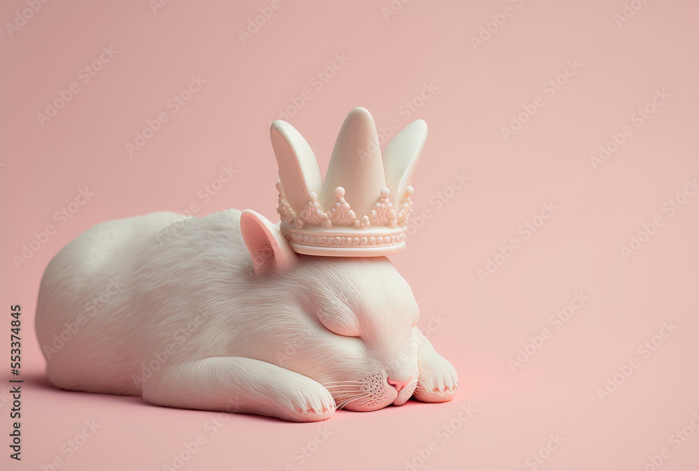 beautiful bunny rabbit in a crown dozing off against a pink backdrop. A ...