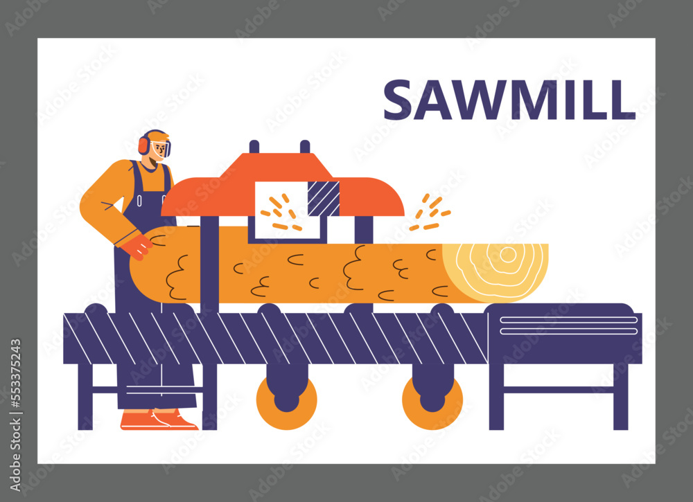 Professional sawmill works advertisement flat cartoon vector ...
