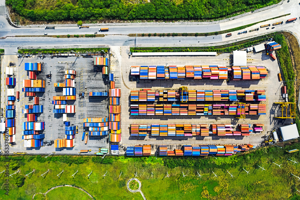 Container loading and unloading port, Aerial view of business logistic ...
